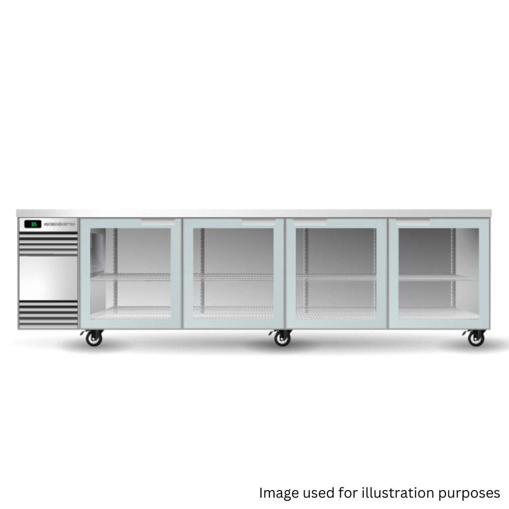 2800 x 590mm Glass - 4 Door Counter Chiller- White– CE Catering Equipment